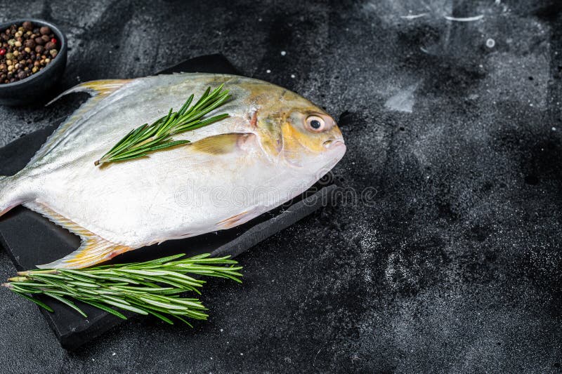 Raw Fish Pompano with Herbs on a Marble Board. Black Background. Top ...