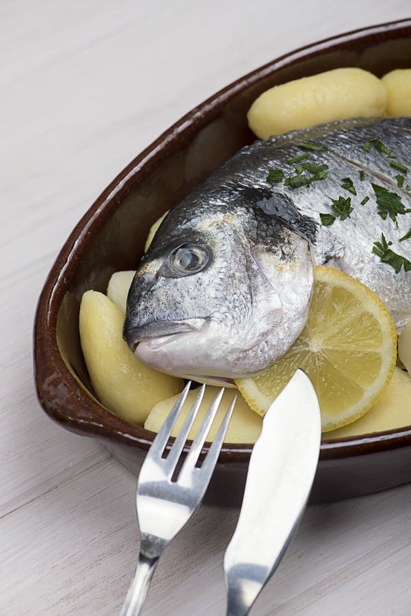 Raw Fish with Potato Laying on a Dish. Vertical Studio Shot Stock Image ...
