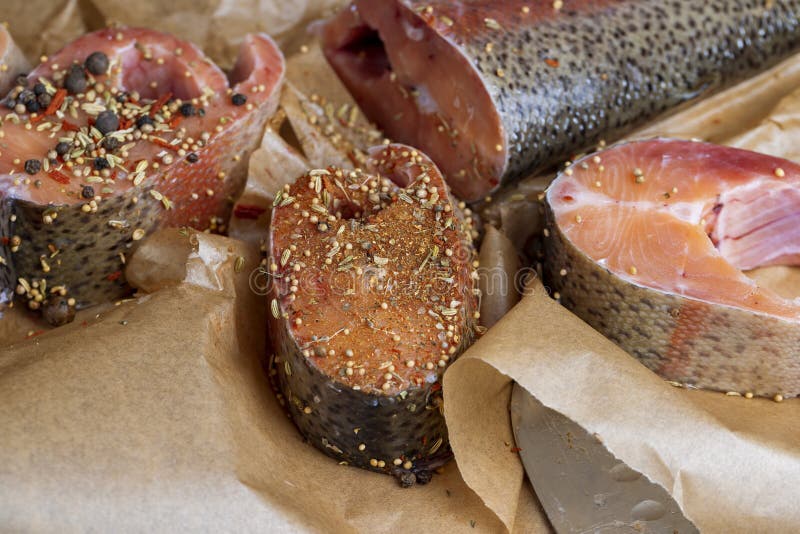 Raw Fish with Red Meat during Cooking Stock Image - Image of snack ...