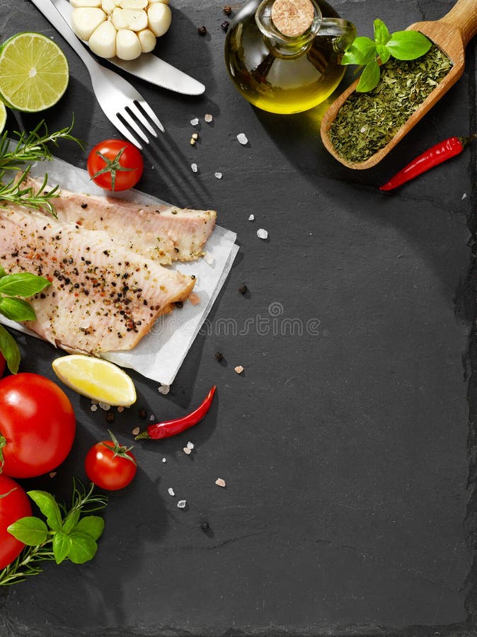 Raw fish and spices stock photo. Image of italian, cooking - 112976820