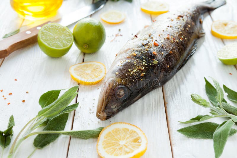 Raw Fish and Spices on a Wooden Surface Stock Photo - Image of sander ...