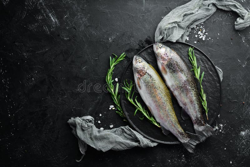 Raw Fish Trout on a Plate. Top View Stock Photo - Image of seafood ...