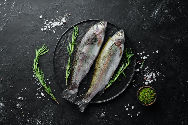 Raw Fish Trout on a Plate. Top View Stock Image - Image of view ...