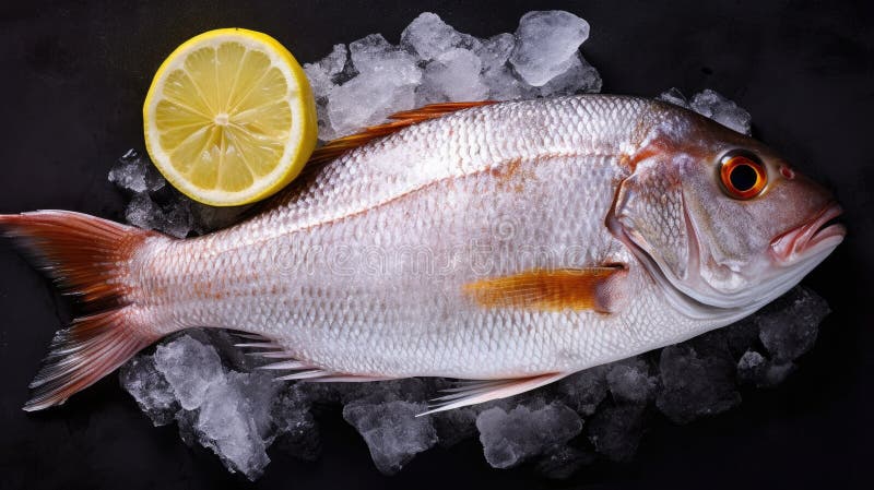 A Raw Fish White Snapper with Lemon on Ice. Snapper Fish Stock ...