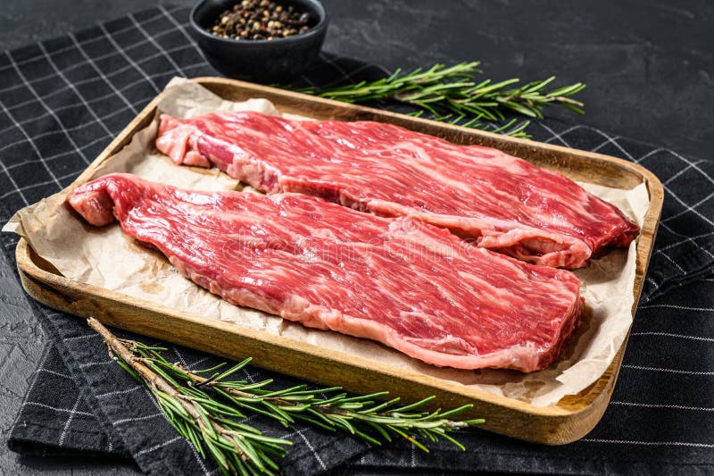 Raw Flank Steak with Rosemary and Pink Salt. Fresh Marble Beef Meat ...