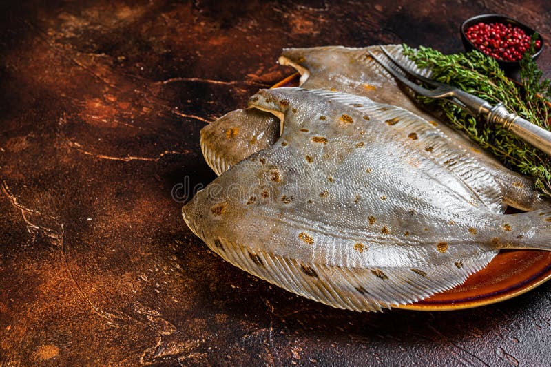 Raw Flounder or Plaice on Rustic Plate with Herbs. Dark Background. Top ...