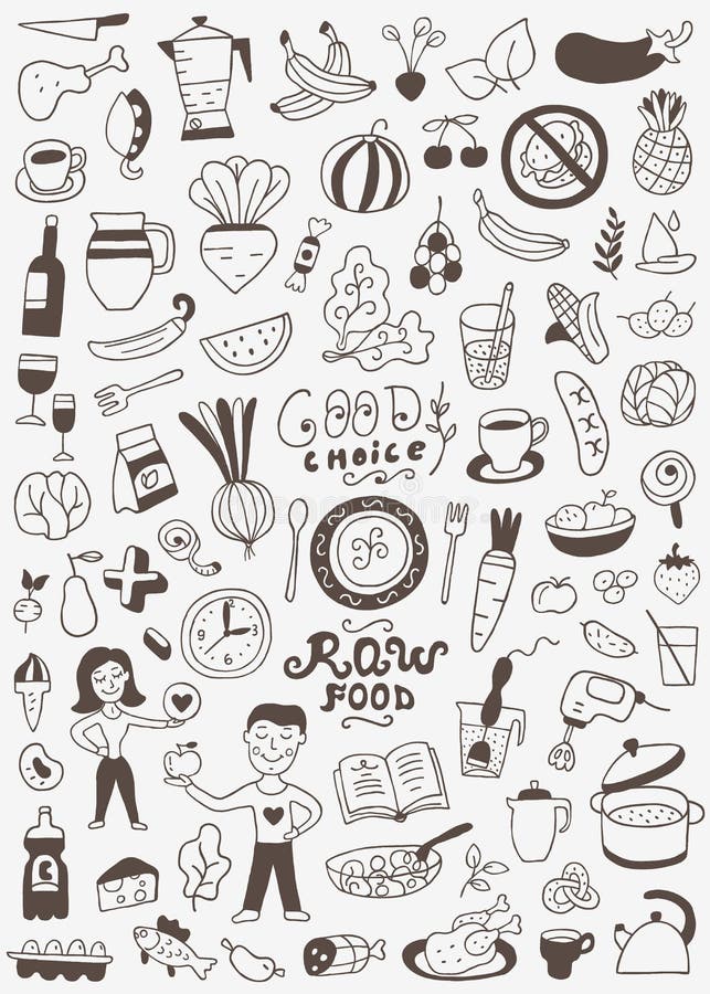 Raw food doodles stock vector. Illustration of icons - 90069848