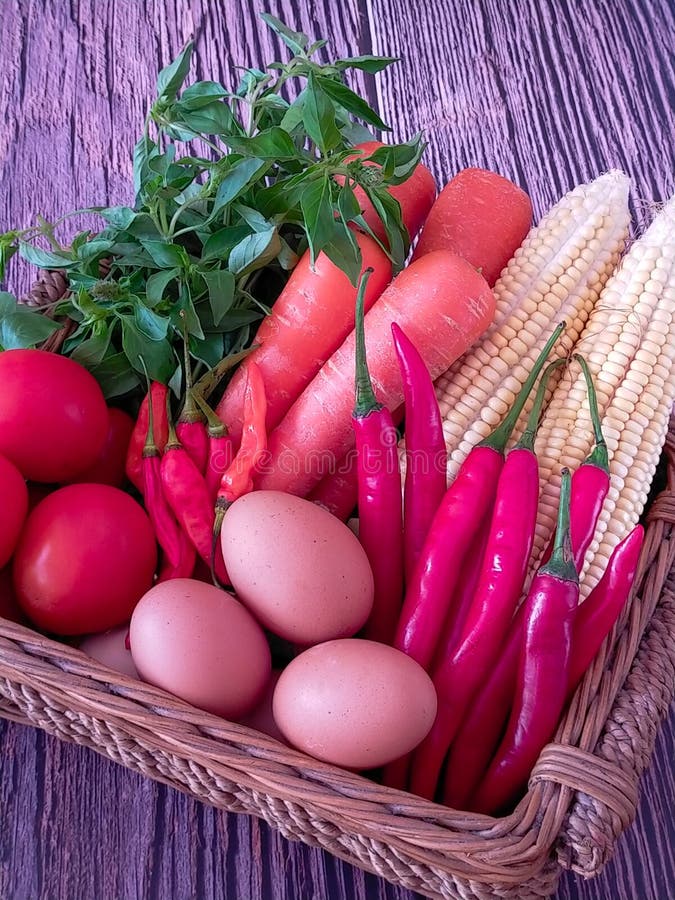 Raw Food in the Rattan Basket on the Table Stock Photo - Image of food ...