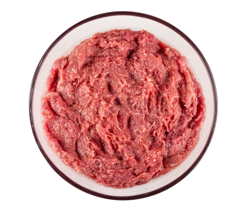 Raw Forcemeat in Bowl Isolated on White. Top View Stock Photo - Image ...