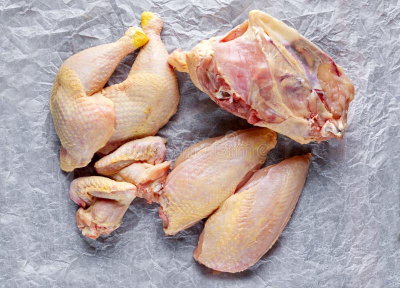 Raw Free Range Corn Fed Chicken Carved in Parts Stock Photo - Image of ...