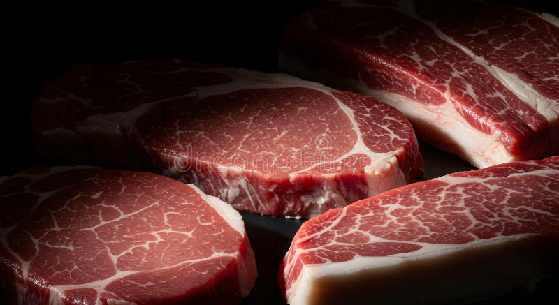 Raw Fresh Beef Cuts Arranged on Dark Surface for Cooking Stock ...