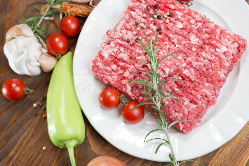 Raw Fresh Ground Beef Meat on White Plate Stock Photo - Image of ...
