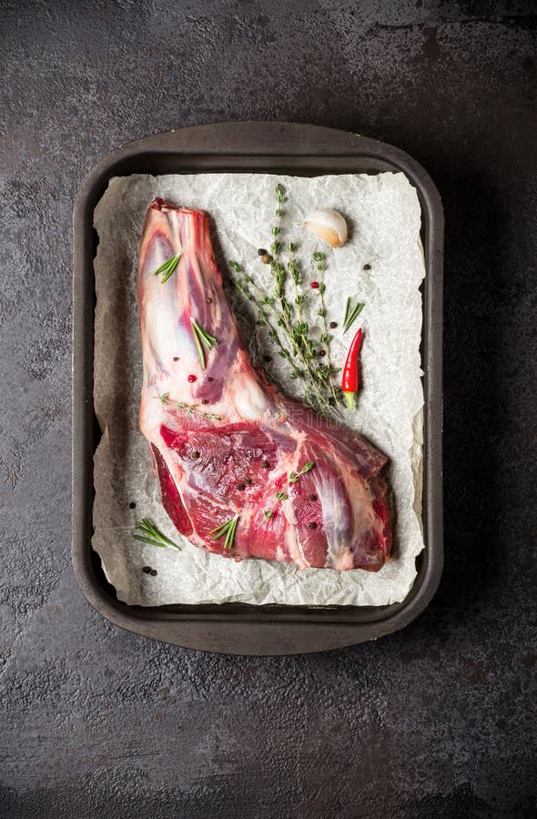 Raw Fresh Lamb Meat in Baking Tray, Herbs and Spice Stock Photo - Image ...