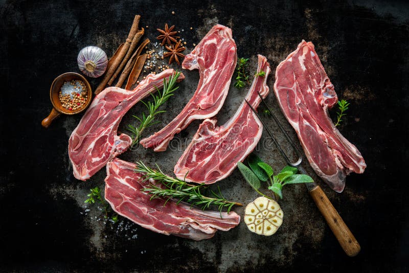 Raw Fresh Lamb Meat on Dark Background Stock Photo - Image of griddle ...