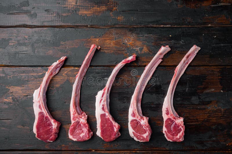 Raw Fresh Lamb Ribs, on Old Dark Wooden Table Background, Top View Flat ...