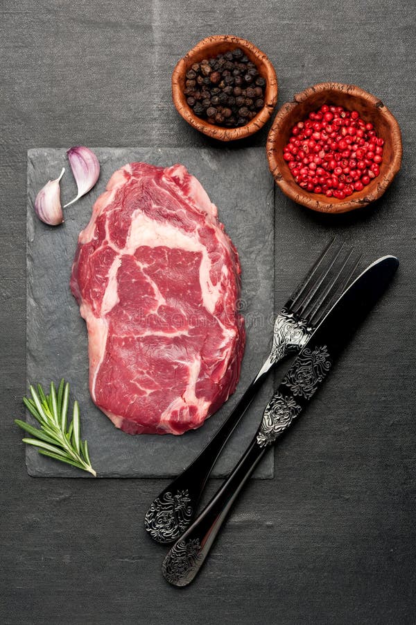 Raw Fresh Meat Ribeye Steak Entrecote Stock Image - Image of wooden ...