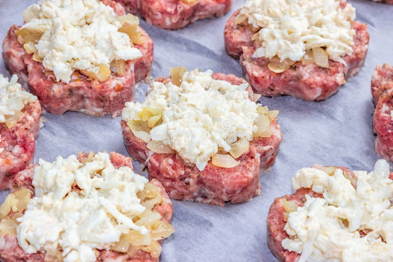 Raw Fresh Pork Cutlets with Fried Onions and Boiled Eggs in the Shape ...