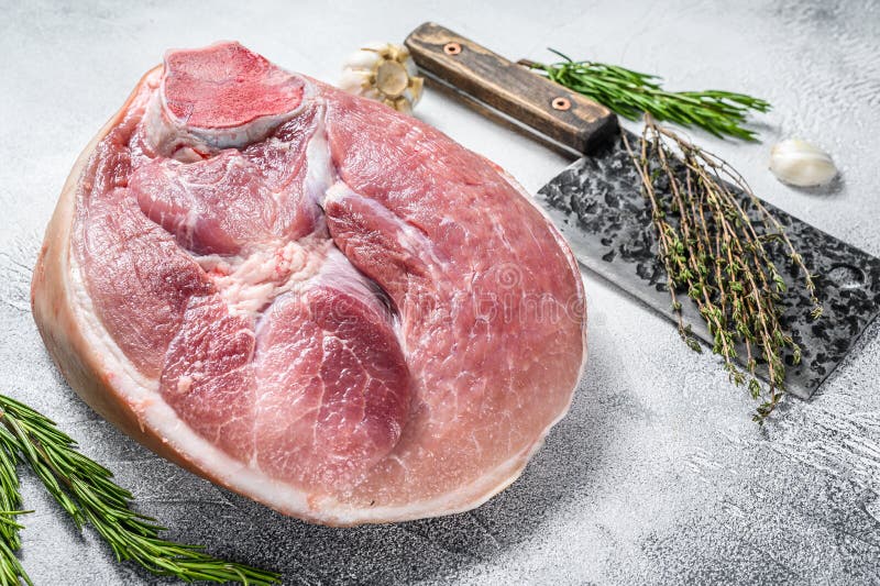Raw Fresh Pork Ham Cut. Leg Meat. Gray Background Stock Image - Image ...