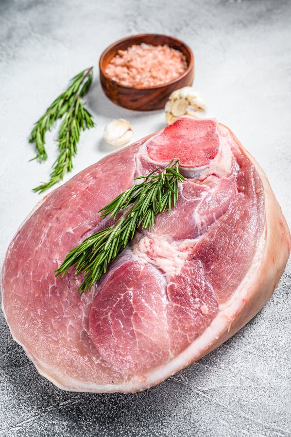 Raw Fresh Pork Ham Cut. Leg Meat. Gray Background Stock Photo - Image ...