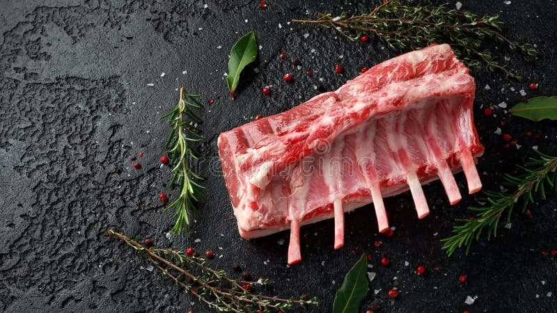 Raw Fresh Rack of Lamb with Green Herbs. Stock Image - Image of garlic ...