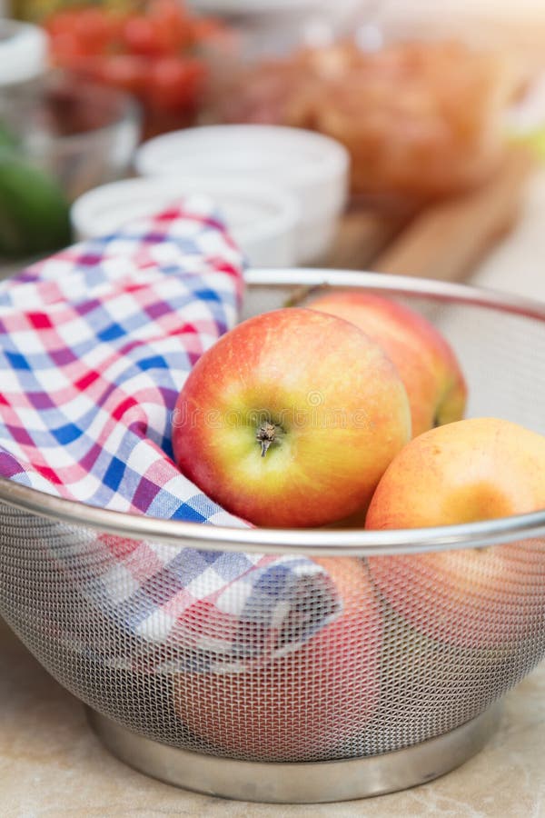 Raw Fresh Red Apple with Checkered Napkin in Sieve Stock Photo - Image ...