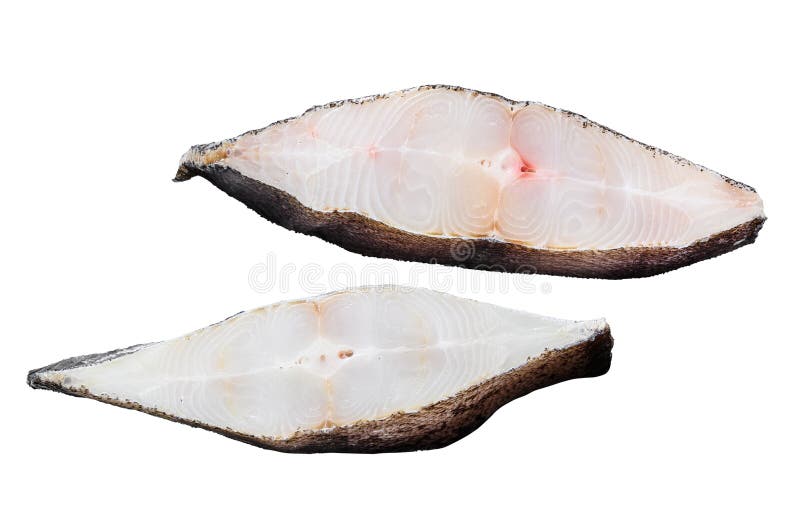 Raw Fresh Steak Fish Halibut Isolated on White Background. Top View ...