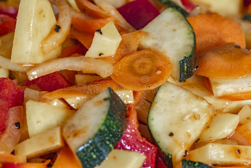 Fresh Vegetables Cut for Further Processing, Mixed and Topped with an ...