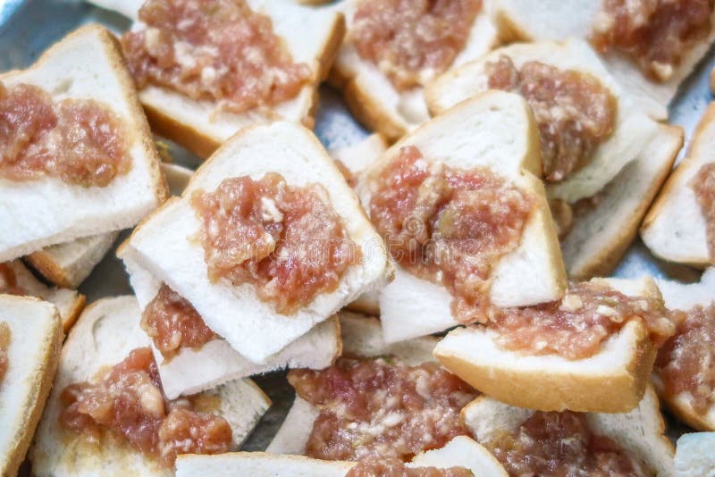 Raw Fried Bread with Minced Pork Spread Stock Photo - Image of lunch ...