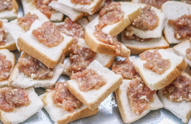 Raw Fried Bread with Minced Pork Spread Stock Image - Image of cooked ...