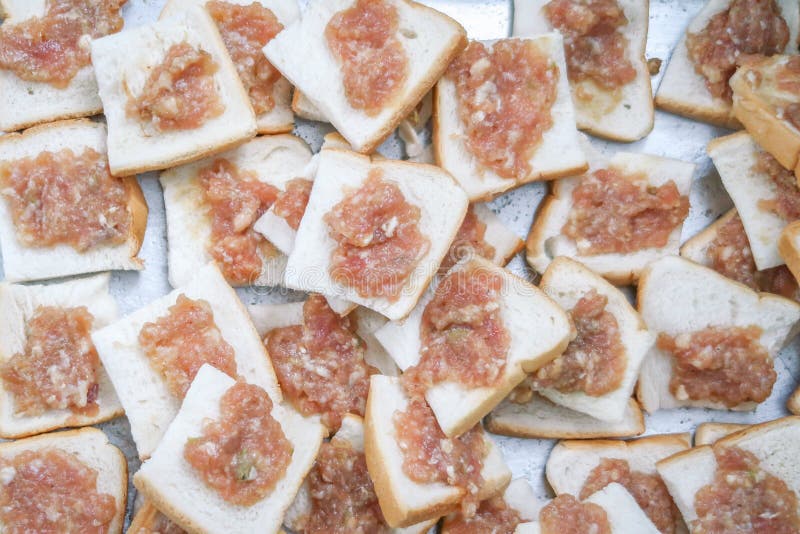 Raw Fried Bread with Minced Pork Spread Stock Image - Image of canape ...