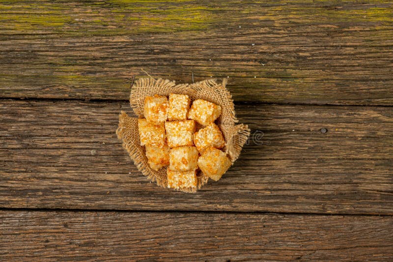 Raw and Fried Tapioca Cubes (Dadinhos De Tapioca) on Top of Rustic ...