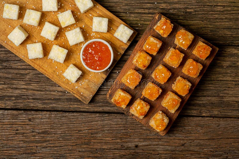 Raw and Fried Tapioca Cubes (Dadinhos De Tapioca) on Top of Rustic ...