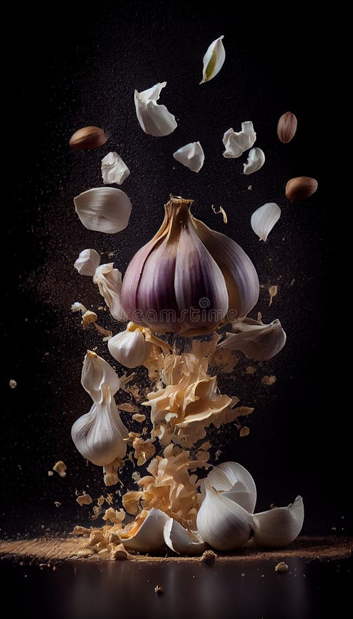 Raw Garlic Bulb Creatively Falling-Dripping Flying or Splashing on ...