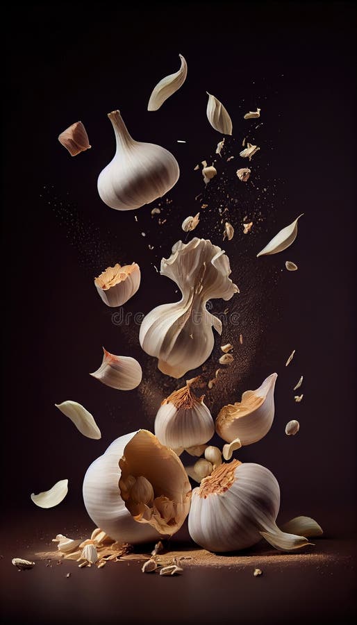 Raw Garlic Bulb Creatively Falling-Dripping Flying or Splashing on ...