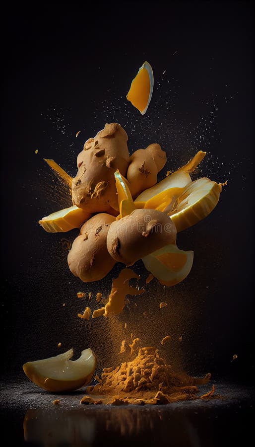 Raw Ginger Creatively Falling-Dripping Flying or Splashing on Black ...