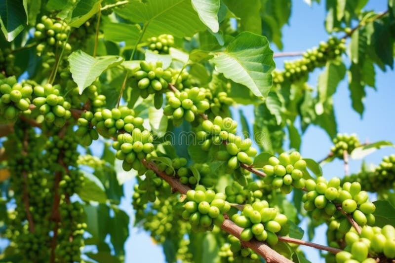 Raw Green Coffee Beans on a Tree Stock Illustration - Illustration of ...