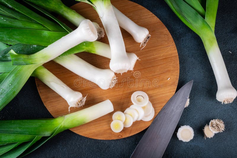 Raw Green Organic Leeks Ready To Chop. Onion Ready To Cut. Raw ...