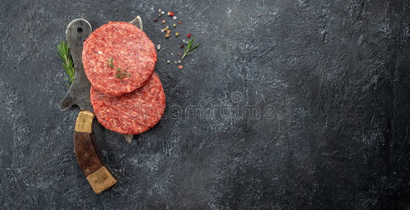 Raw Ground Beef Meat Burger Steak Cutlets, Long Banner Format. Top View ...