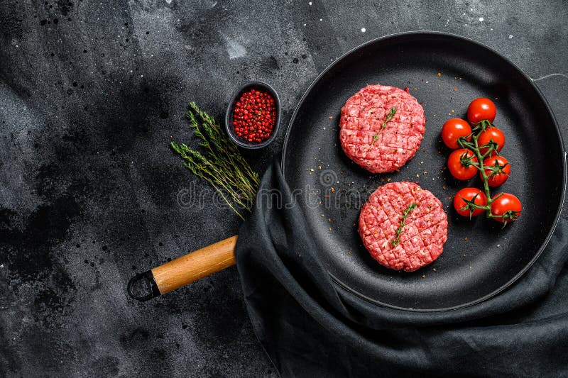 Raw Steak Cutlets or Patty with Mince Ground Beef Meat. Wooden ...