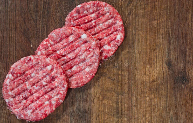 Raw Ground Beef Meat Burger Steak on Wooden Table with Copy Space. Top ...