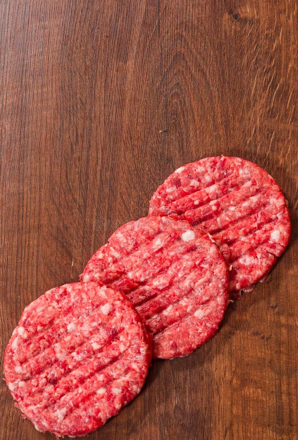 Raw Ground Beef Meat Burger Steak on Wooden Table with Copy Space. Top ...