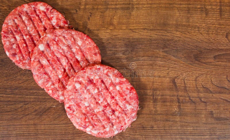 Raw Ground Beef Meat Burger Steak on Wooden Table with Copy Space. Top ...