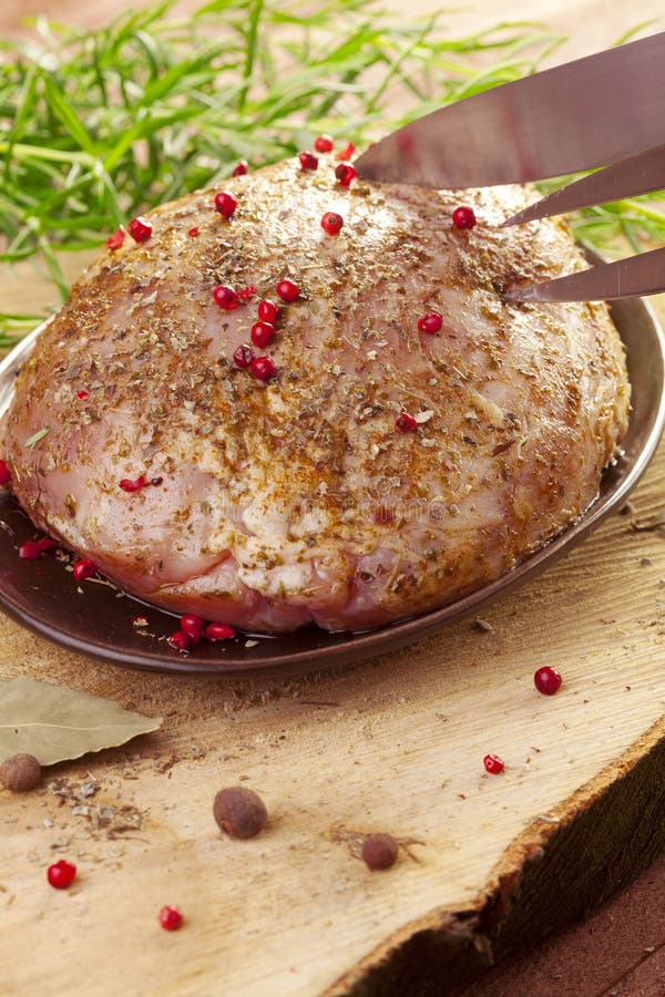 Raw ham in marinade stock image. Image of herb, wooden - 190124999