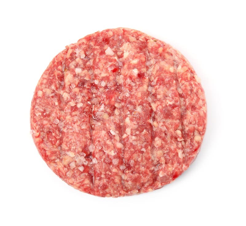 Raw Hamburger Patty with Salt Isolated on White, Top View Stock Image ...