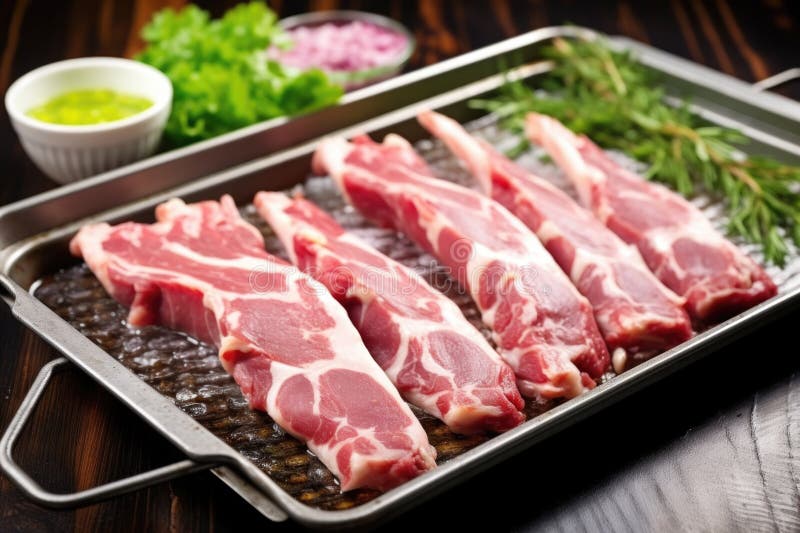 Raw Herb-marinated Pork Rib Rack on a Metal Tray Stock Photo - Image of ...