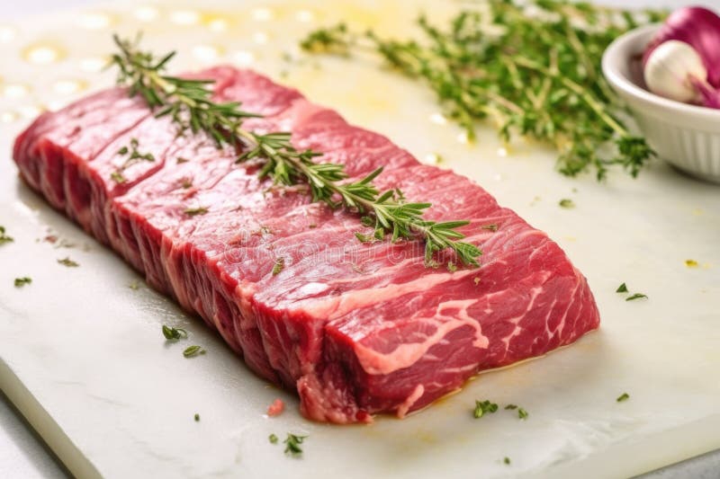 Raw Herb-marinated Steak Close-up on Marble Board Stock Photo - Image ...