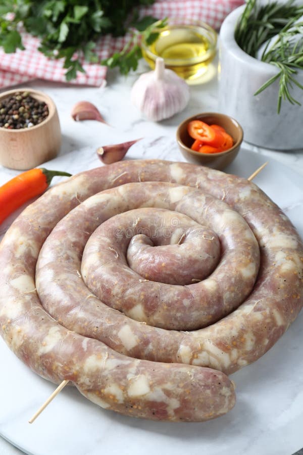 Raw Homemade Sausage on White Marble Table, Closeup Stock Image - Image ...