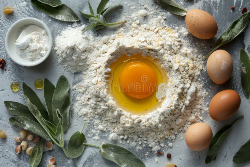 Raw Ingredients for Baking with Flour, Fresh Eggs, and Herbs on a Table ...