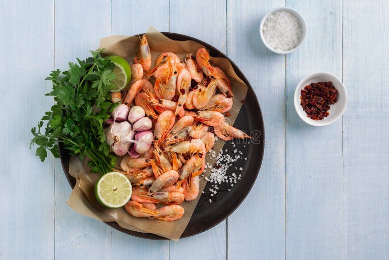 Raw Ingredients Cooking Fried Shrimp Top View. Stock Image - Image of ...