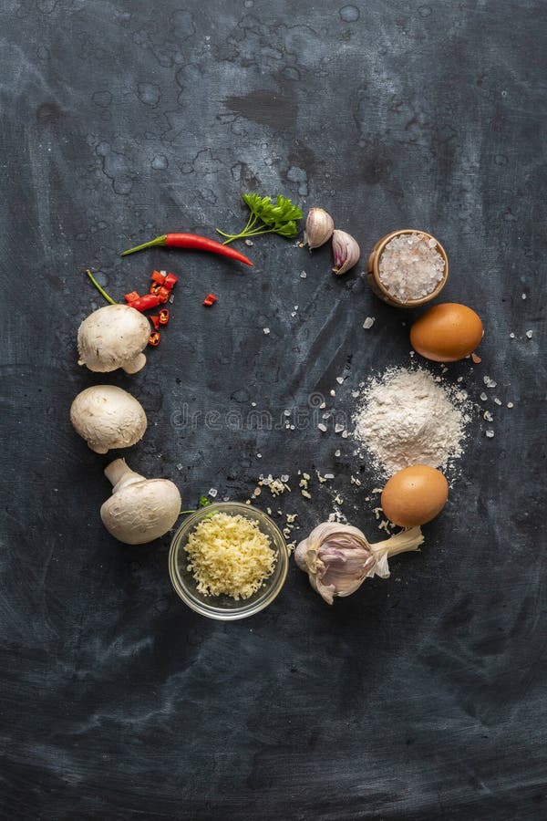 Raw Ingredients for Cooking on the Table, Cheese, Salt, Pepper, Egg and ...